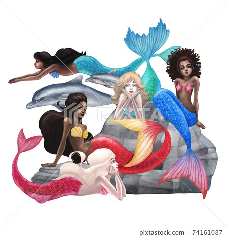 The group of watercolor mermaids with the... - Stock Illustration ...