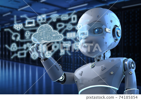 Cloud computing technology with cute robot - Stock Illustration ...