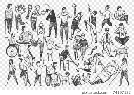 Disabled people hand drawn doodle set - Stock Illustration [74197122 ...