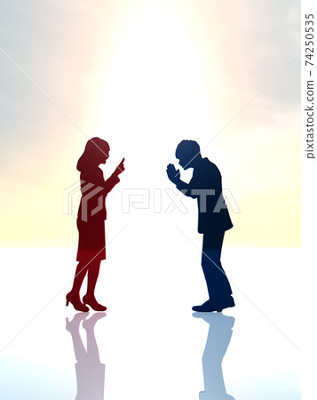 Silhouette of a man who apologizes to a woman... - Stock Illustration ...