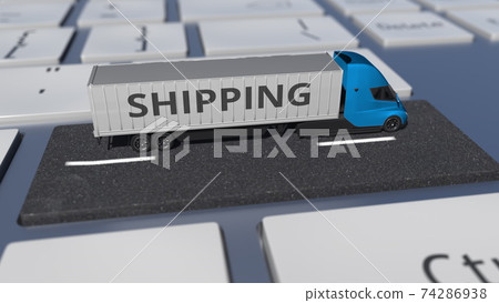 SHIPPING text on the truck driving on the... - Stock Illustration ...