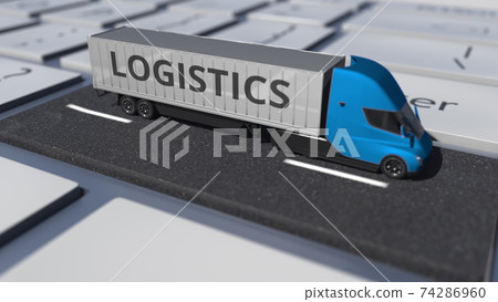 LOGISTICS text on the truck driving on the... - Stock Illustration ...