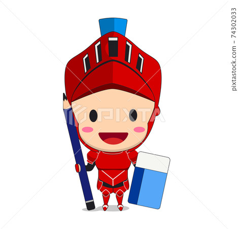 Cute red knight holding pencil and eraser... - Stock Illustration ...