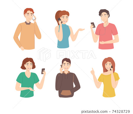 Cartoon Color Characters People Use Phones... - Stock Illustration ...