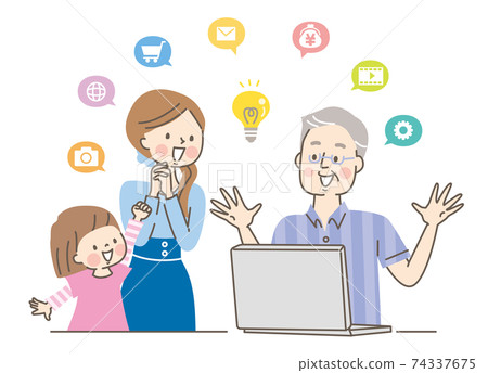 3rd generation family with a smile and a computer - Stock Illustration ...