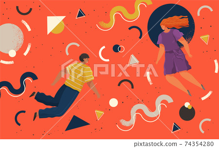 People flying in abstract imaginary space... - Stock Illustration ...
