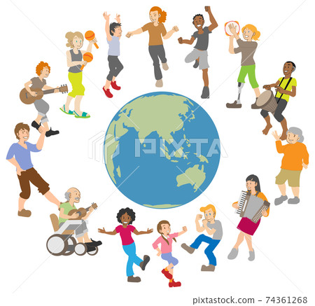 Dancing, playing, diversity, people around the... - Stock Illustration ...