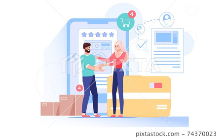 Flat cartoon characters receiving online... - Stock Illustration ...