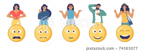Customers choosing angry, happy, sad emoji to... - Stock Illustration ...