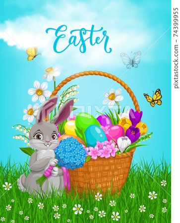 Easter rabbit with flowers bouquet vector poster - Stock Illustration ...