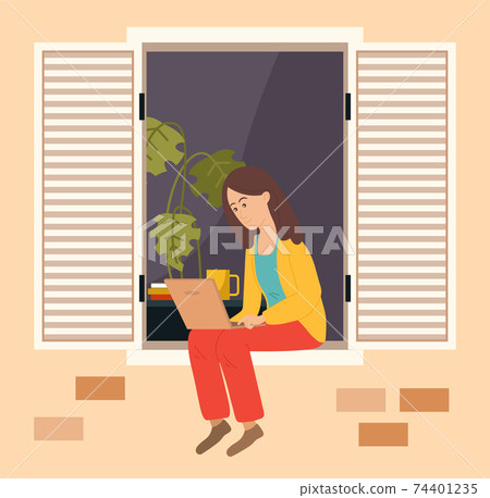 Girl with computer is working at home. Woman on... - Stock Illustration ...