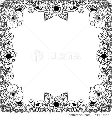 Square Line Art Flower Abstract Leaf Floral Frame - Stock Illustration ...