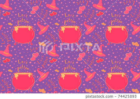 Nice love potion seamless pattern with cauldron - Stock Illustration [74425893] - PIXTA