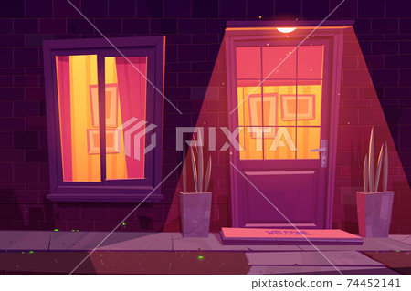 House facade with window and door at night - Stock Illustration ...