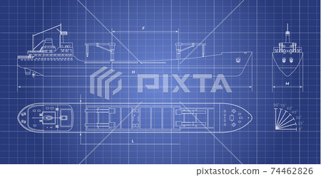 Blueprint of cargo ship. Top, side and front... - Stock Illustration ...