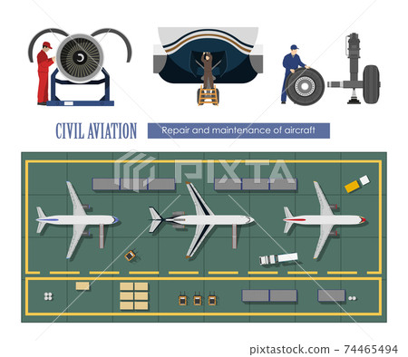 Repair and maintenance of aircraft. Service of... - Stock Illustration ...