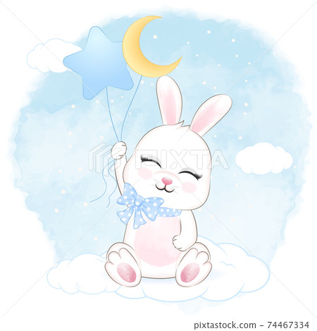 Cute Bunny holding and balloons on the cloud - Stock Illustration ...