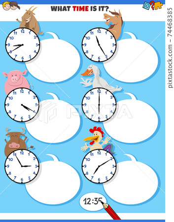 telling time educational task with cartoon farm... - Stock Illustration ...