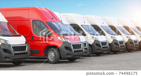 Red delivery van in a row of white vans. Best... - Stock Illustration ...