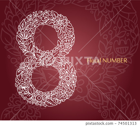 Floral number 8 made of white line leaves and... - Stock Illustration ...