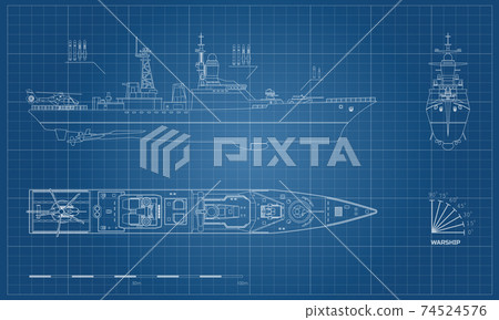 Blueprint of military ship. Top, front and side...-插圖素材 [74524576 ...
