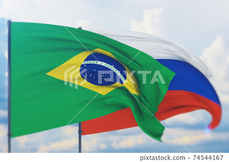 Waving Russian flag and flag of Brazil. Closeup... - Stock Illustration ...