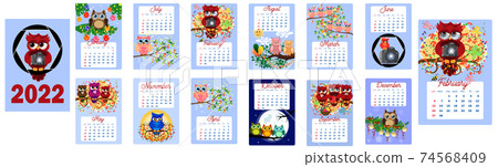 Calendar 2022. Cute owls and birds for every month - Stock Illustration ...