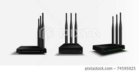 Wifi router front, angle and side view mockup - Stock Illustration ...