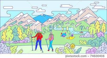 People relax in mountains, nordic walking, line... - Stock Illustration ...