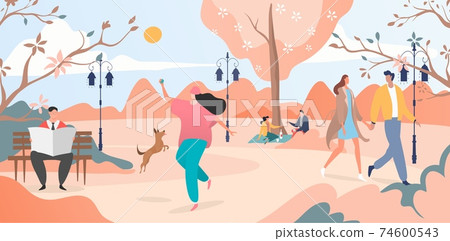 People walk in spring, pink morning, city park,... - Stock Illustration ...