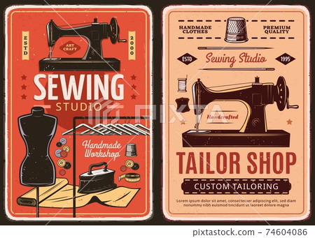 Sewing studio and tailor shop retro posters - Stock Illustration ...