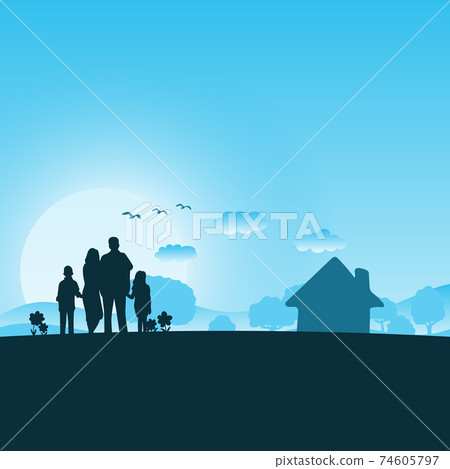 family in the blue shade background of house... - Stock Illustration ...
