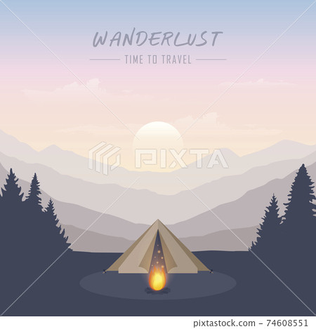 wanderlust camping adventure in the wilderness... - Stock Illustration ...