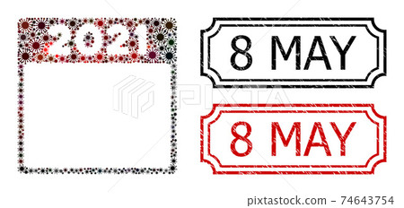 8 May Grunge Seal Stamps with Notches and 2021... - Stock Illustration ...