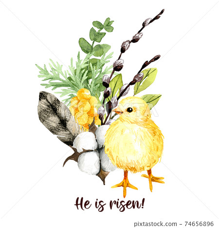 Easter composition with willow, chick and feather - Stock Illustration ...