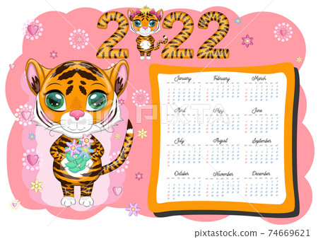 Cute Tiger Wall Calendar Template for 2022,... - Stock Illustration ...