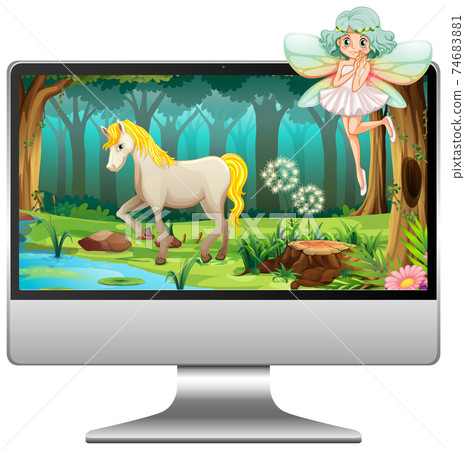Computer monitor with fairy and c on screen - Stock Illustration ...