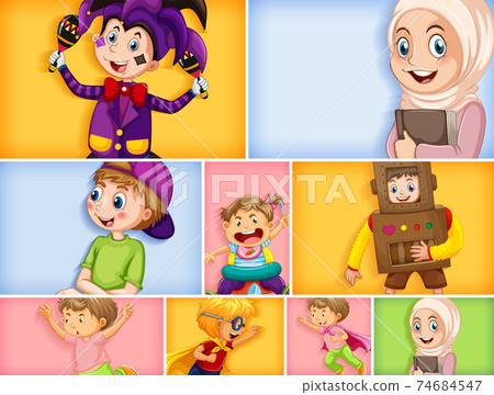 Set of different kid characters on different... - Stock Illustration ...