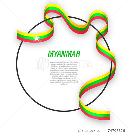Waving ribbon flag of Myanmar on circle frame.... - Stock Illustration ...