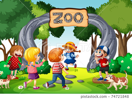 Zoo entrance gate scene with many kids - Stock Illustration [74721848 ...