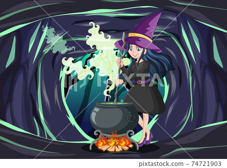 Wizard or witch with magic pot on dark cave... - Stock Illustration ...
