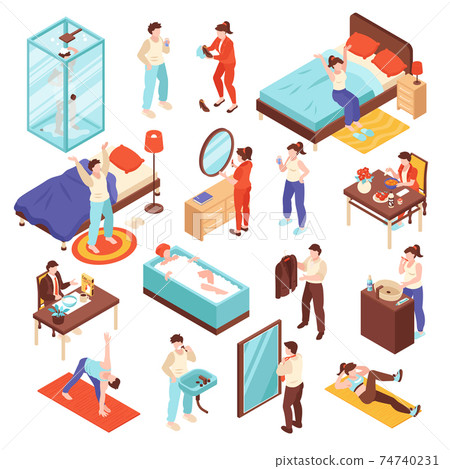 Morning Routine Isometric Set - Stock Illustration [74740231] - PIXTA