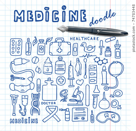 Medical doodle poster with medicines, test... - Stock Illustration ...