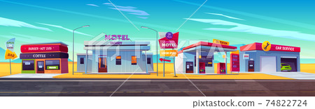 Roadside motel, oil station, cafe and car service. - Stock Illustration ...