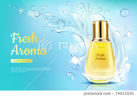Perfume fresh aroma in glass bottle, water splash. - Stock Illustration ...