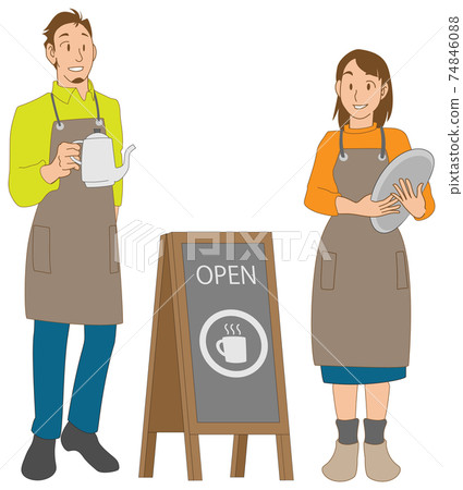 Cafe owner couple and cafe sign - Stock Illustration [74846088] - PIXTA