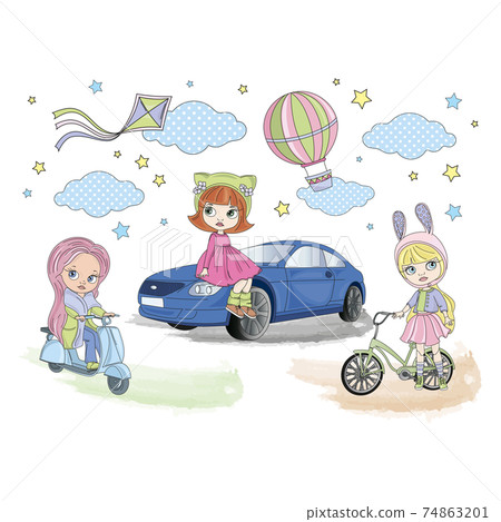 BLYTHE GIRLS Three Dolls With Blue Car Light... - Stock Illustration ...