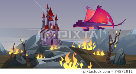 Dragon attack castle magic creature destroy palace - Stock Illustration ...