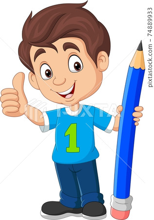 Cartoon boy holding a big pencil and showing... - Stock Illustration ...