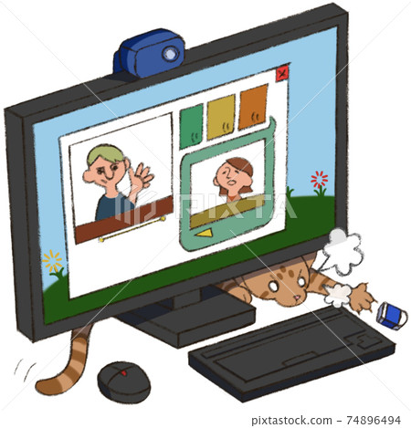 Illustration of a cat disturbing telework - Stock Illustration ...